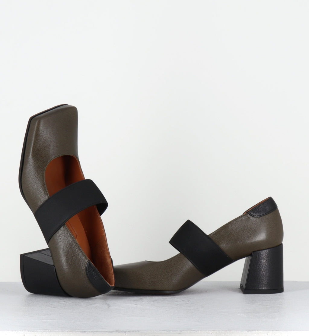 Escarpins à élastique en cuir kaki & noir - UKASI KIMERA MILI – Garrice