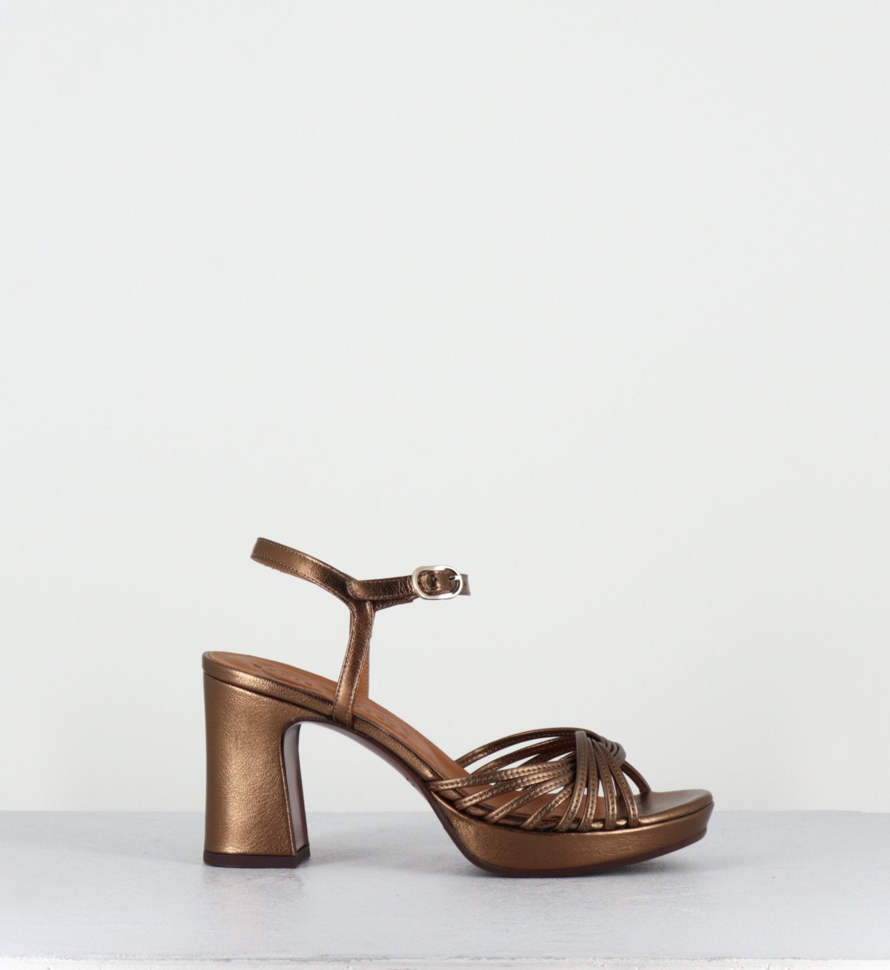 Sandales à talon multi-brides en cuir métallisé bronze - KESKE DALI CO ...